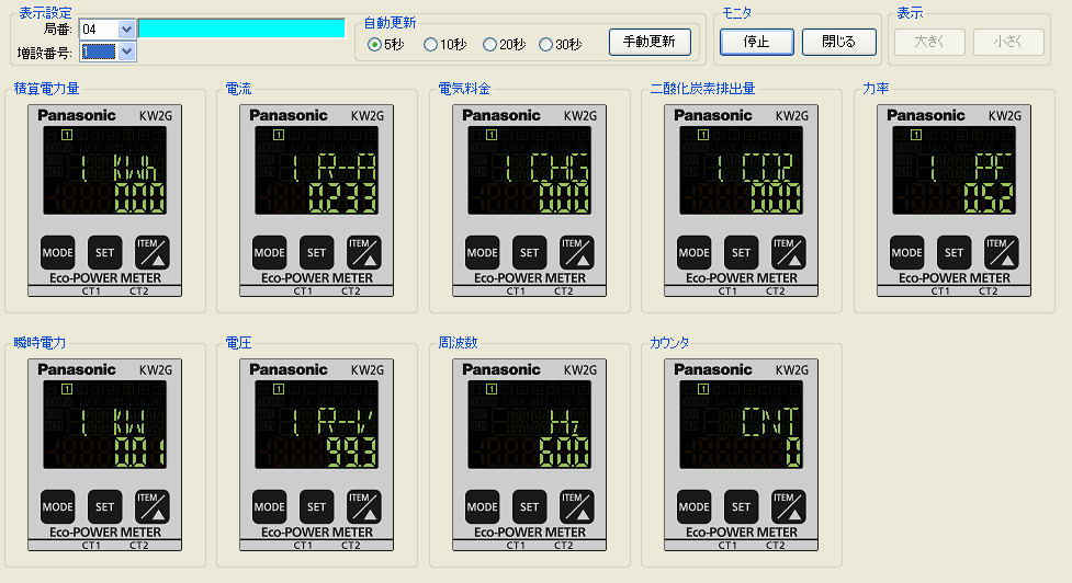 見える化ソフト：Kw Monitor： KW2Gでのモニタ画面はどのような画面表示ですか？（増設ユニット：電力計測タイプ）タイプ）